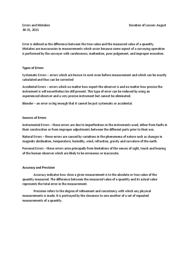 Errors and Mistakes Lesson | PDF | Measurement | Accuracy And Precision