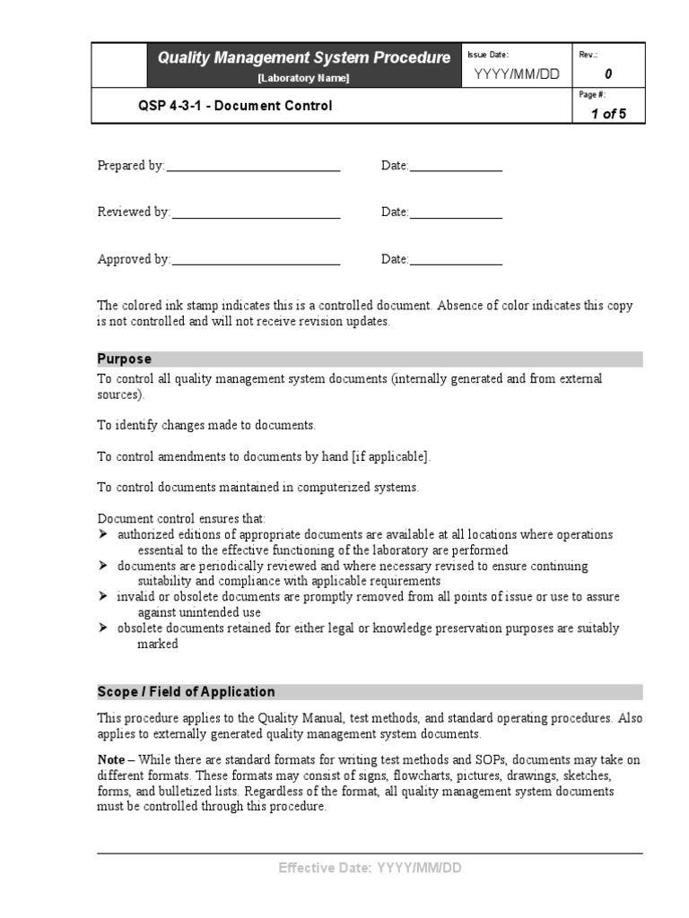 Quality Management System Procedure: QSP 4-3-1 - Document Control | PDF ...