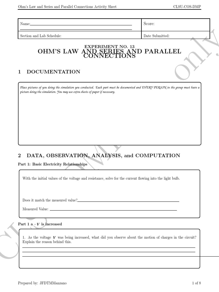 Ohm's Law and Series and Parallel Connections Activity Sheet - 1200 ...