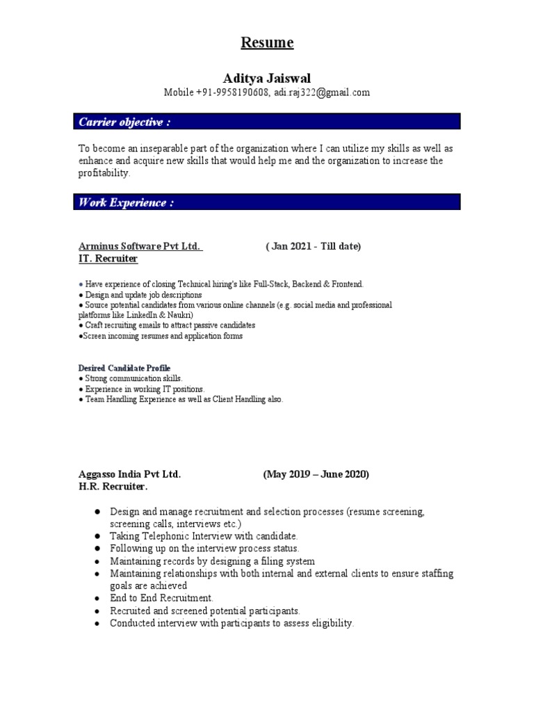Copy1-Aditya New Resume | PDF | Recruitment | Communication