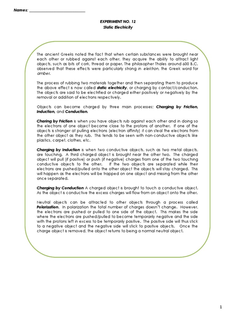 Exploring Static Electricity and Charge Interactions | PDF | Electric ...