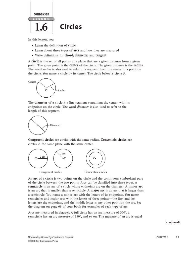Geometry Lesson 1.6-1.8 Condensed Lessons | PDF | Circle | Diameter
