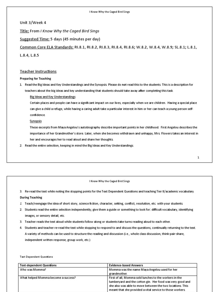 I Know Why The Caged Bird Sings. Lesson - Story | PDF | Maya Angelou