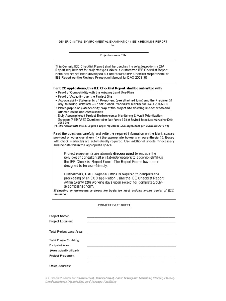 Generic Initial Environmental Examination (Iee) Checklist Report | PDF ...
