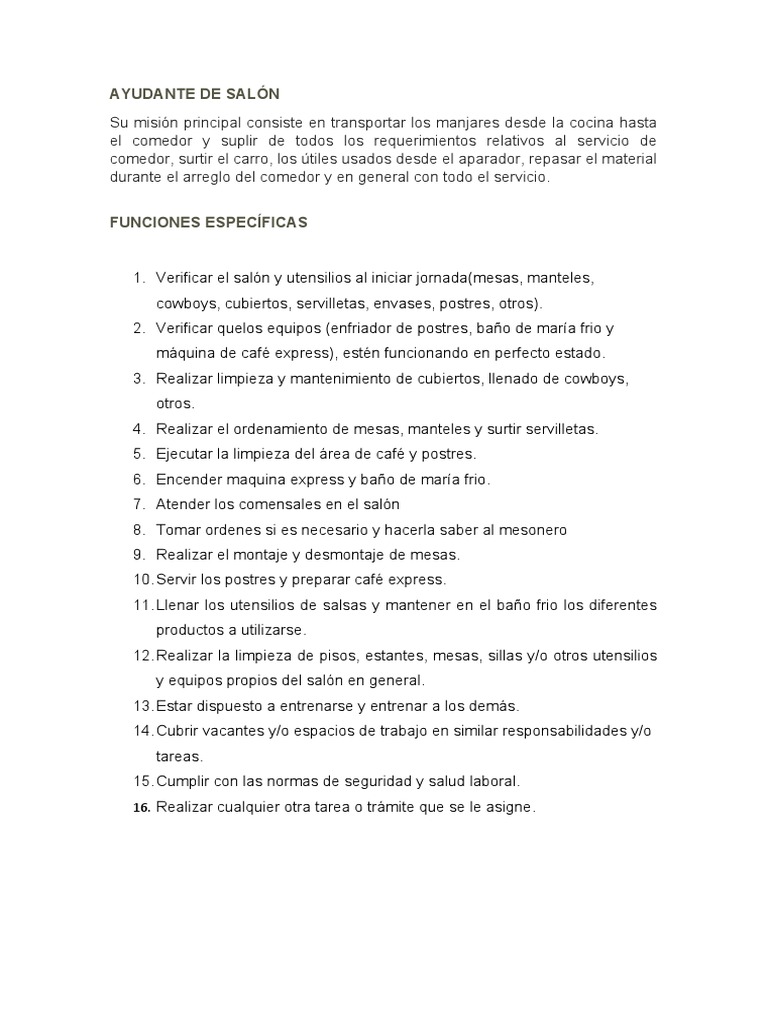 Funciones del Ayudante de Salón | PDF | Cocina, comidas y vino | Salud ...