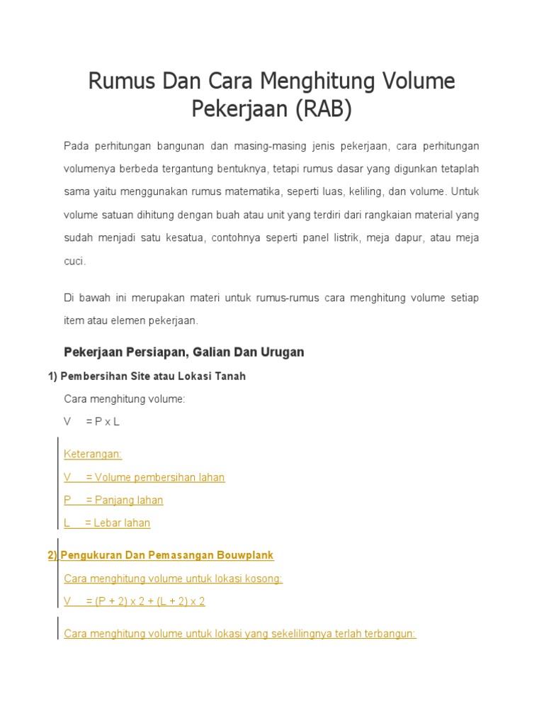 Rumus Dan Cara Menghitung Volume Pekerjaan | PDF