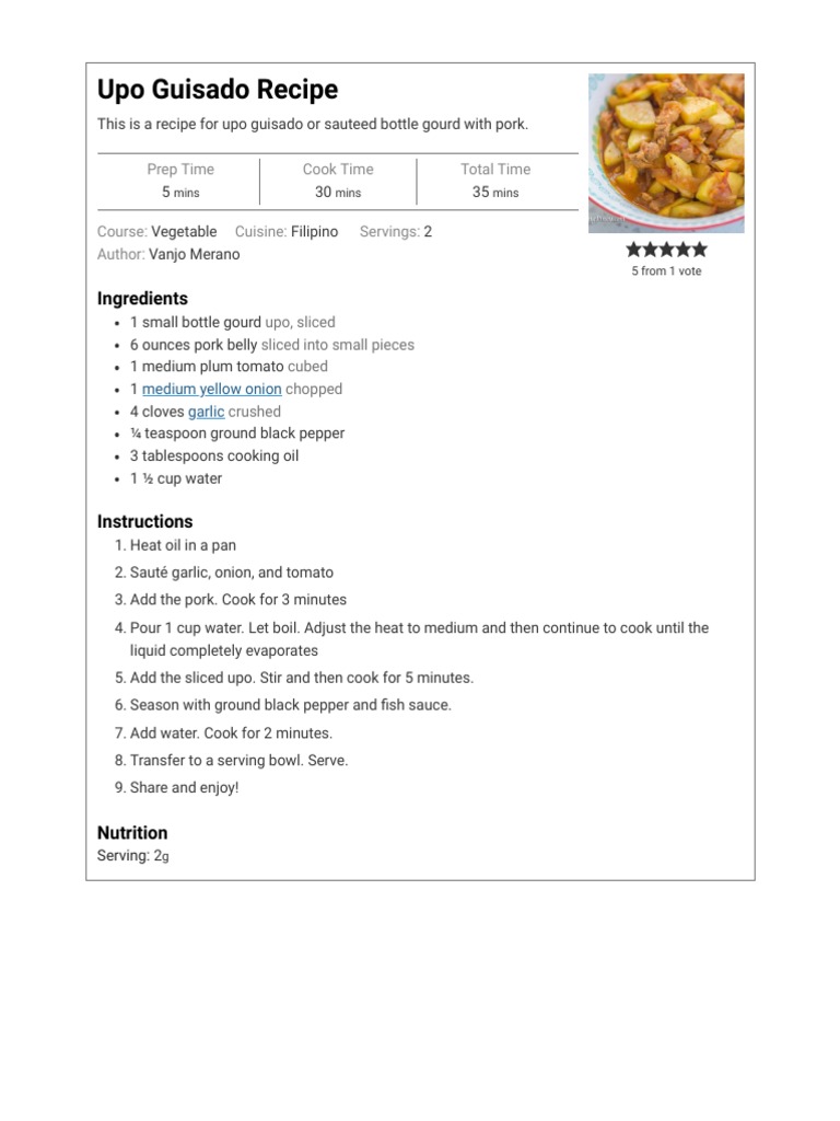 Upo Guisado Recipe - Panlasang Pinoy | PDF