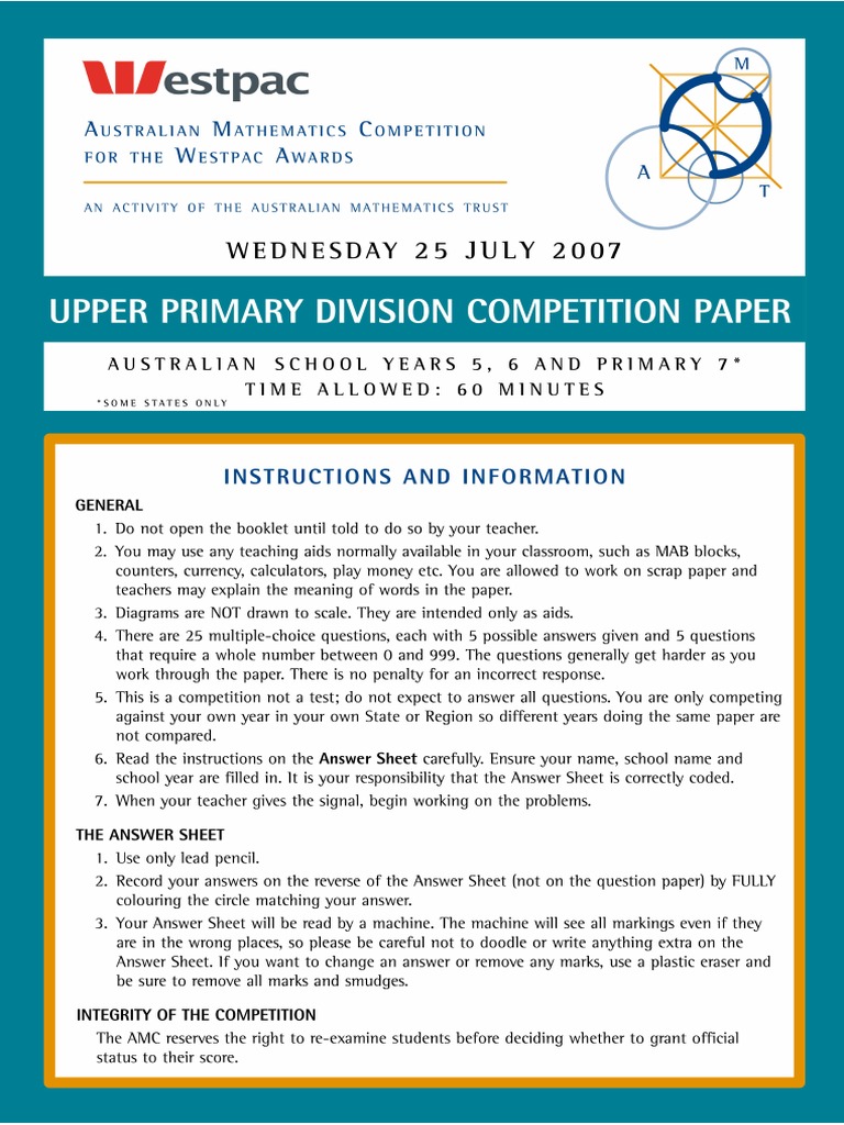 澳大利亚数学竞赛AMC B ：5 6年级英文历年真题含答案2007 2018，AMC Upper Primary | PDF