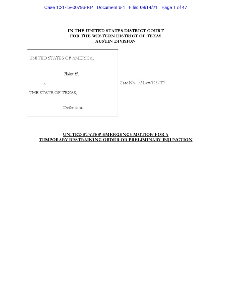 US V Texas Emergency Motion For Temp Restraining Order For Restrictive Abortion Law | PDF ...