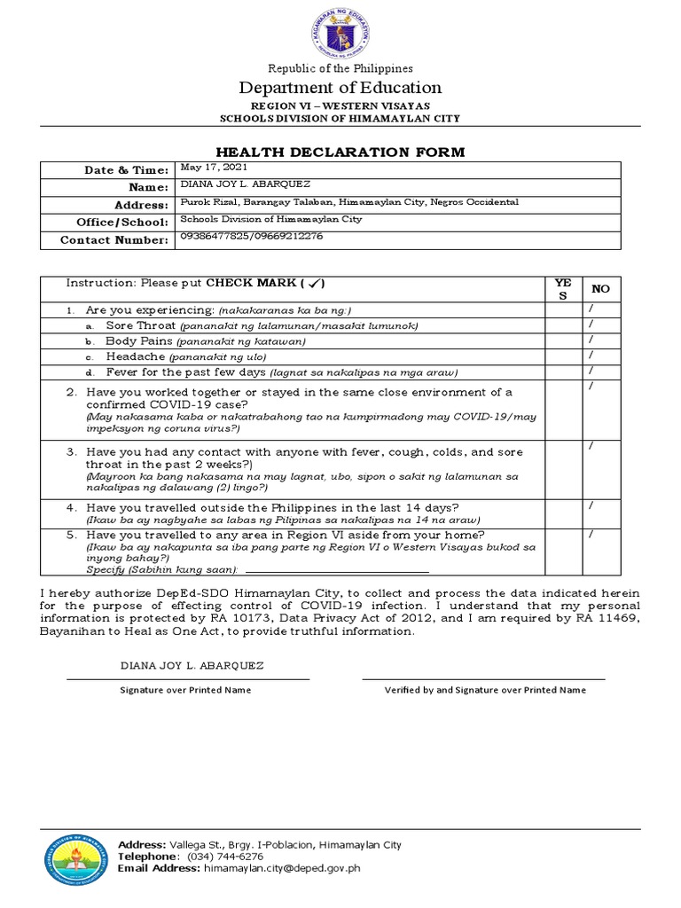 Department of Education: Health Declaration Form | PDF | Virology ...