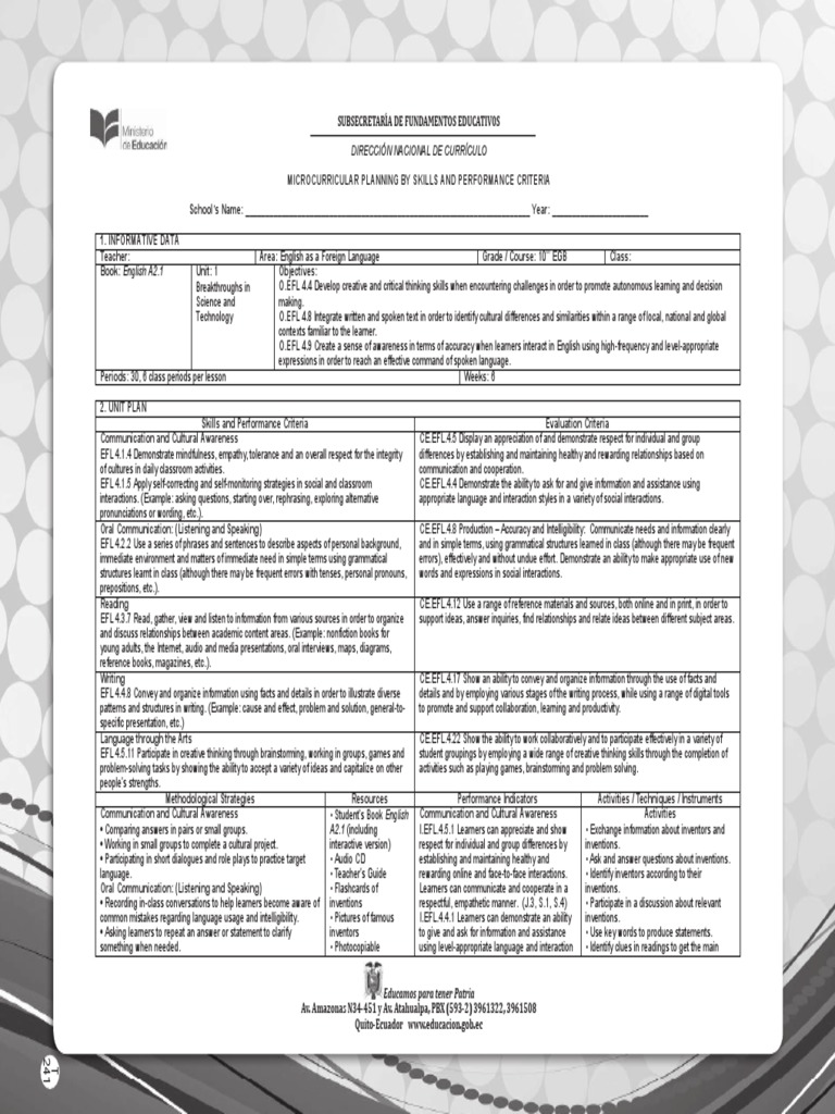 Plan Microcurricular A2.1 10mo Grado - Extracto | PDF | English As A Second Or Foreign Language ...
