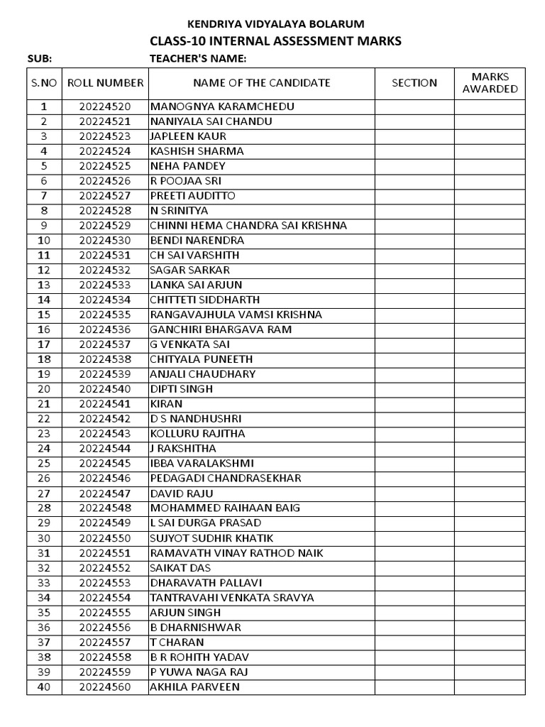 Class-10 Internal Assessment Marks: Kendriya Vidyalaya Bolarum Sub ...
