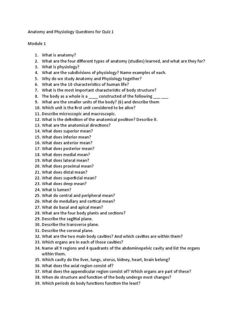 Anatomy and Physiology Quiz 1 Questions | PDF | Anatomical Terms Of ...