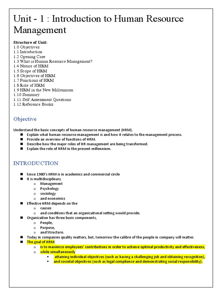 Unit 1 Introduction To Human Resource Management | PDF | Human Resource ...