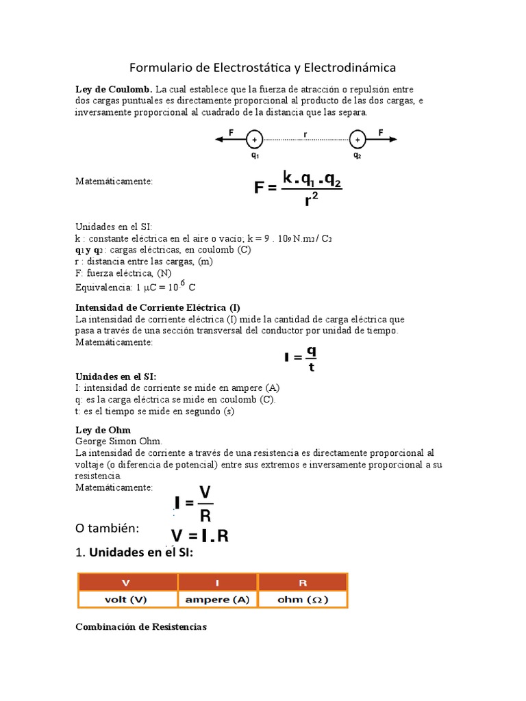 Formulario de Electrostática y Electrodinámica | PDF