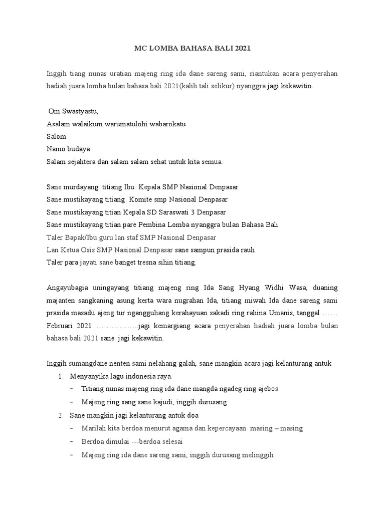 MC Lomba Bahasa Bali 2021 | PDF