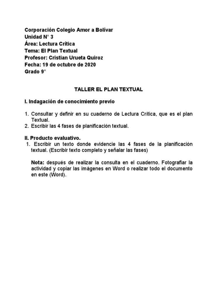 Taller El Plan Textual Grado 9° | PDF