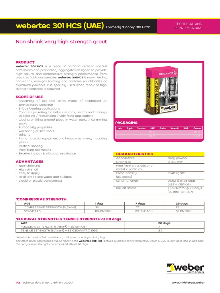 Tec 301 HCS (UAE) : Non Shrink Very High Strength Grout | PDF | Concrete | Chemistry