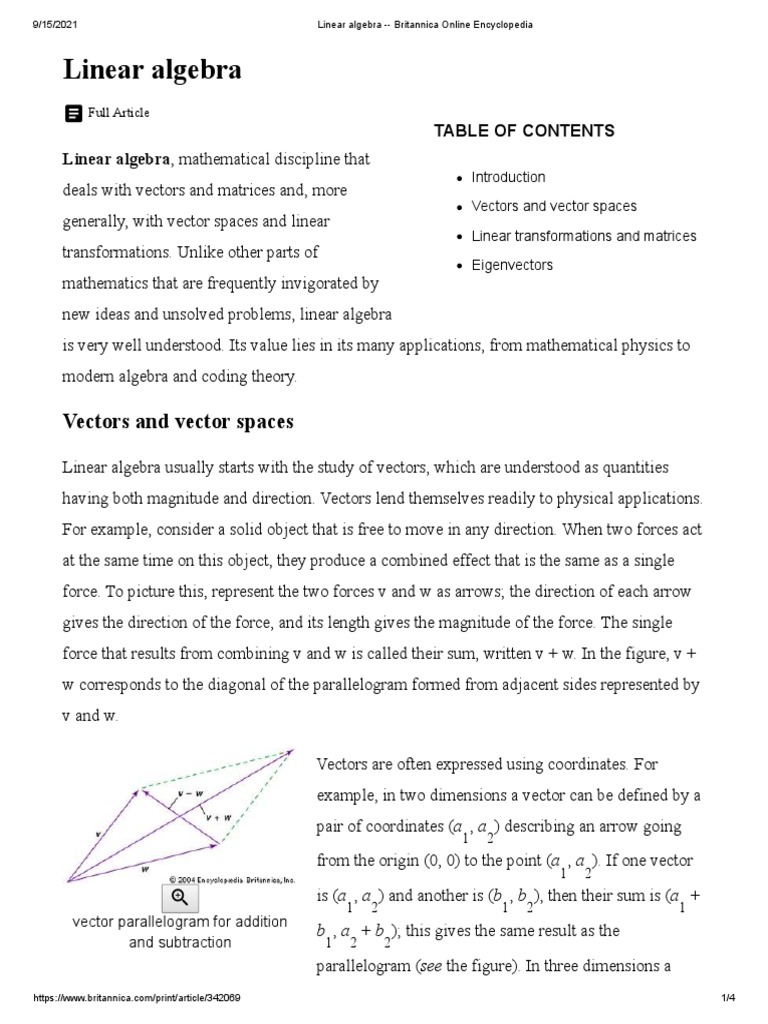 An Overview of Key Concepts in Linear Algebra: Vectors, Vector Spaces, Linear Transformations ...