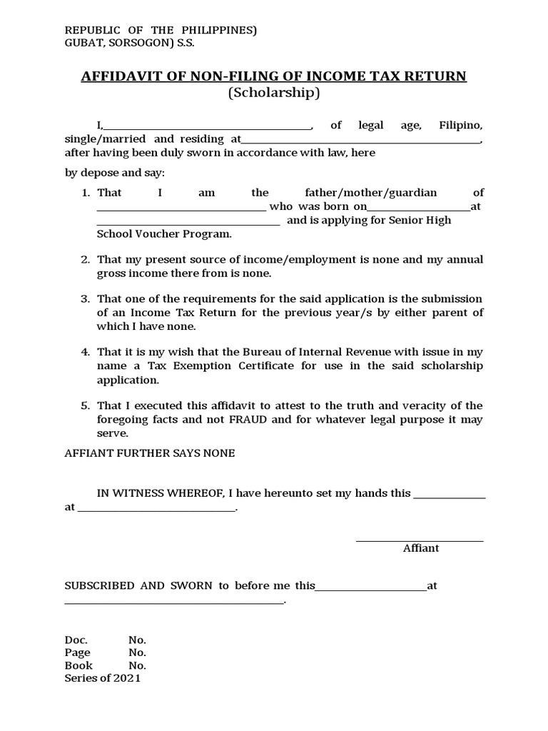 Affidavit of Non-Filing of Income Tax Return: (Scholarship) | PDF