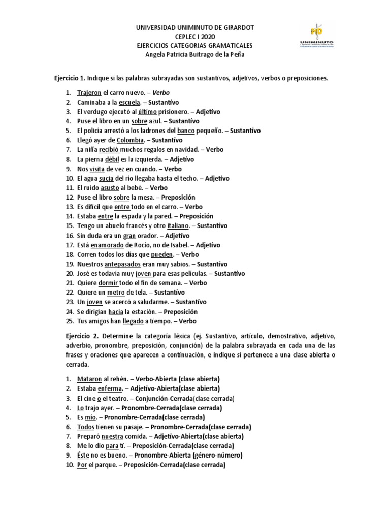 Hojas De Trabajo Sobre Sustantivos, Verbos Y Adverbios Verbos Y