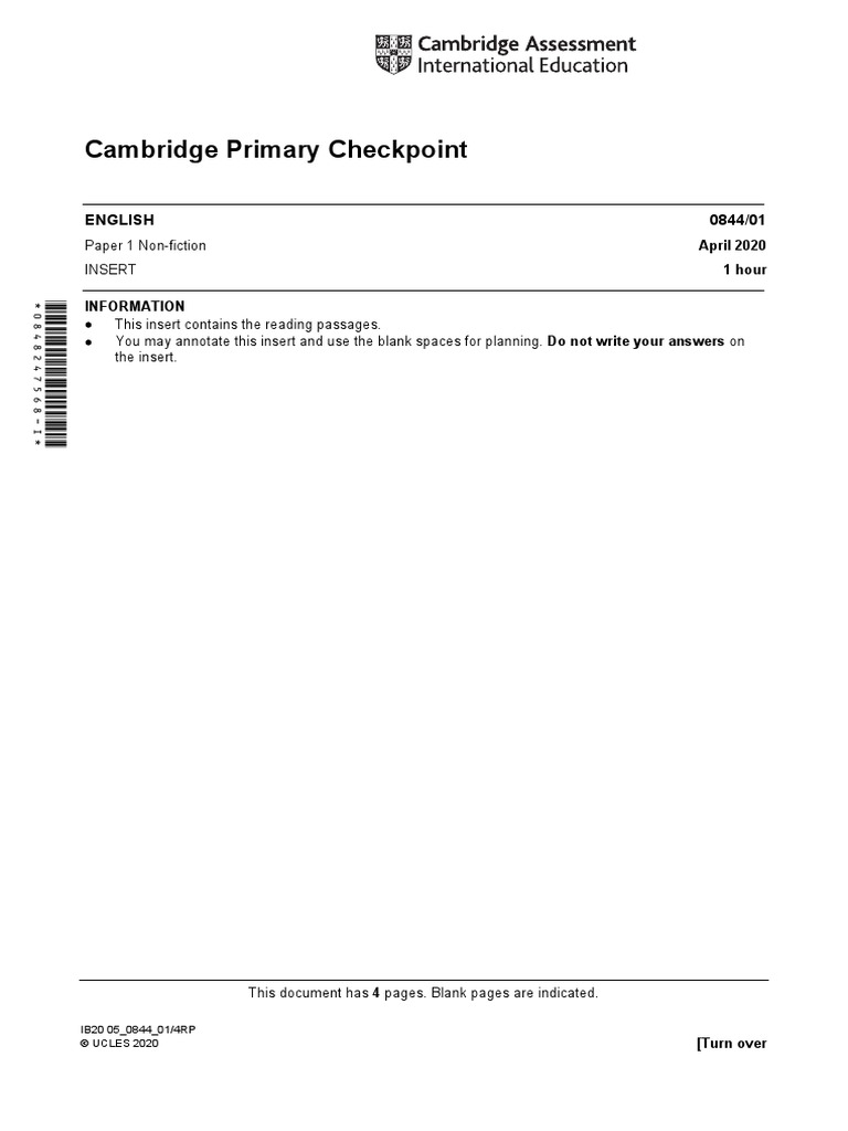 Cambridge Primary Checkpoint - English (0844) April 2020 Paper 1 Insert ...