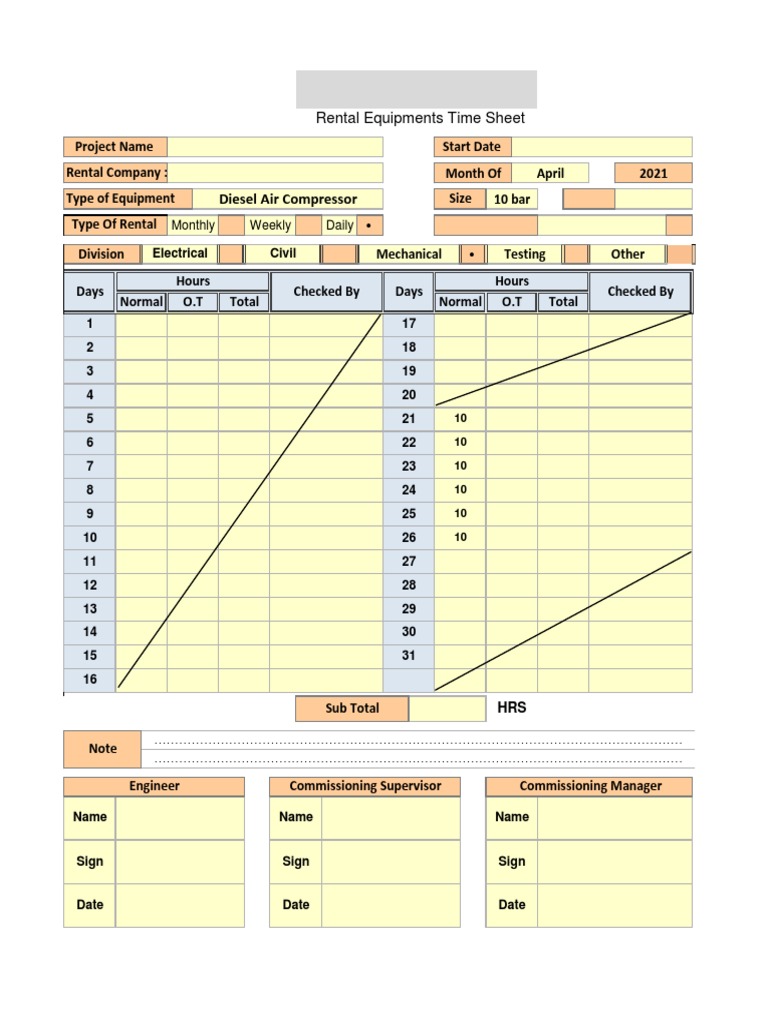 Rental Equipments Time Sheet TEMPLETE | PDF | Energy Technology ...