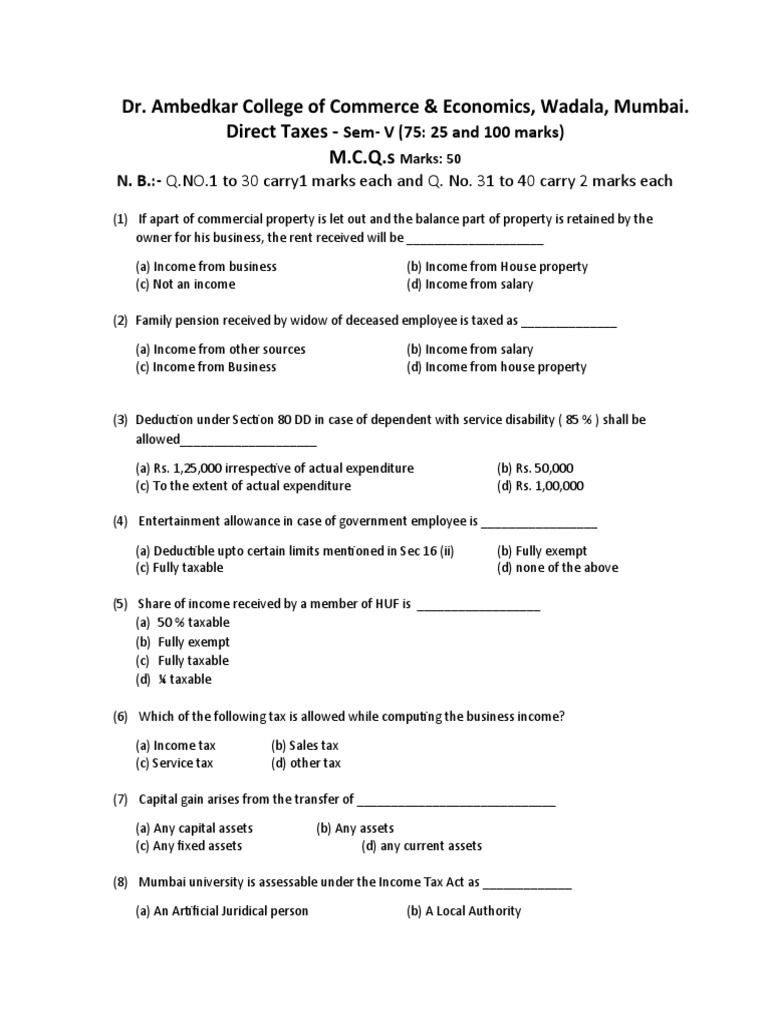 Direct Taxes Sample Question Paper SEM - V | PDF | Capital Gain ...