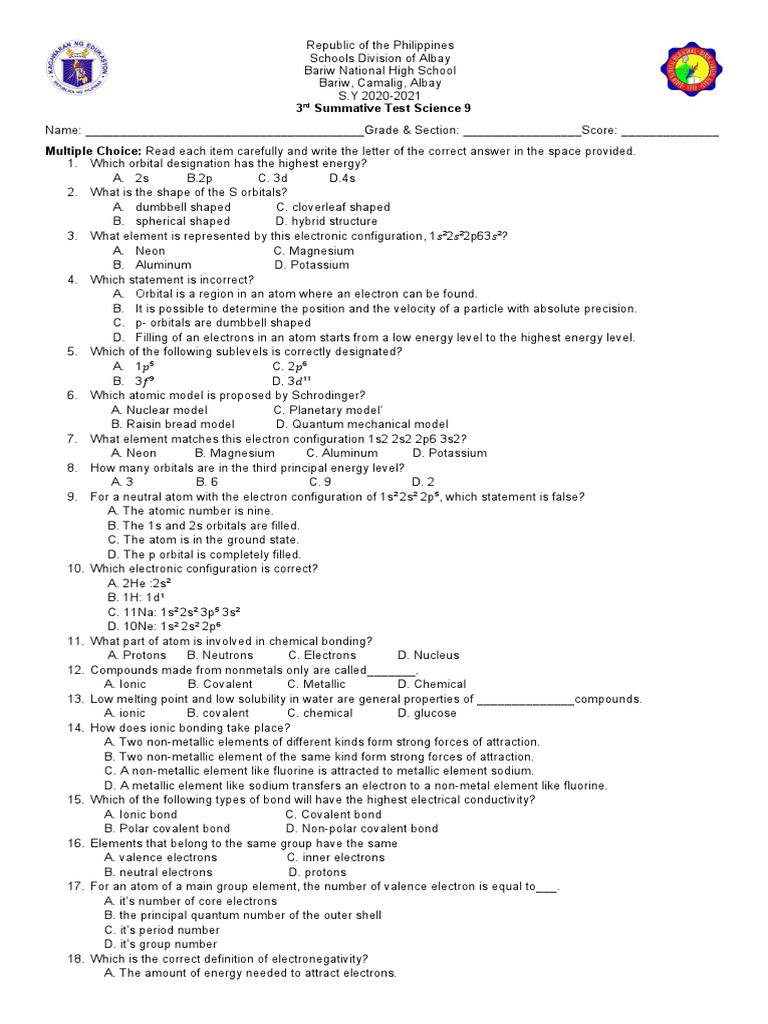 Science 9 Summative Test Overview | PDF | Chemical Bond | Chemical ...