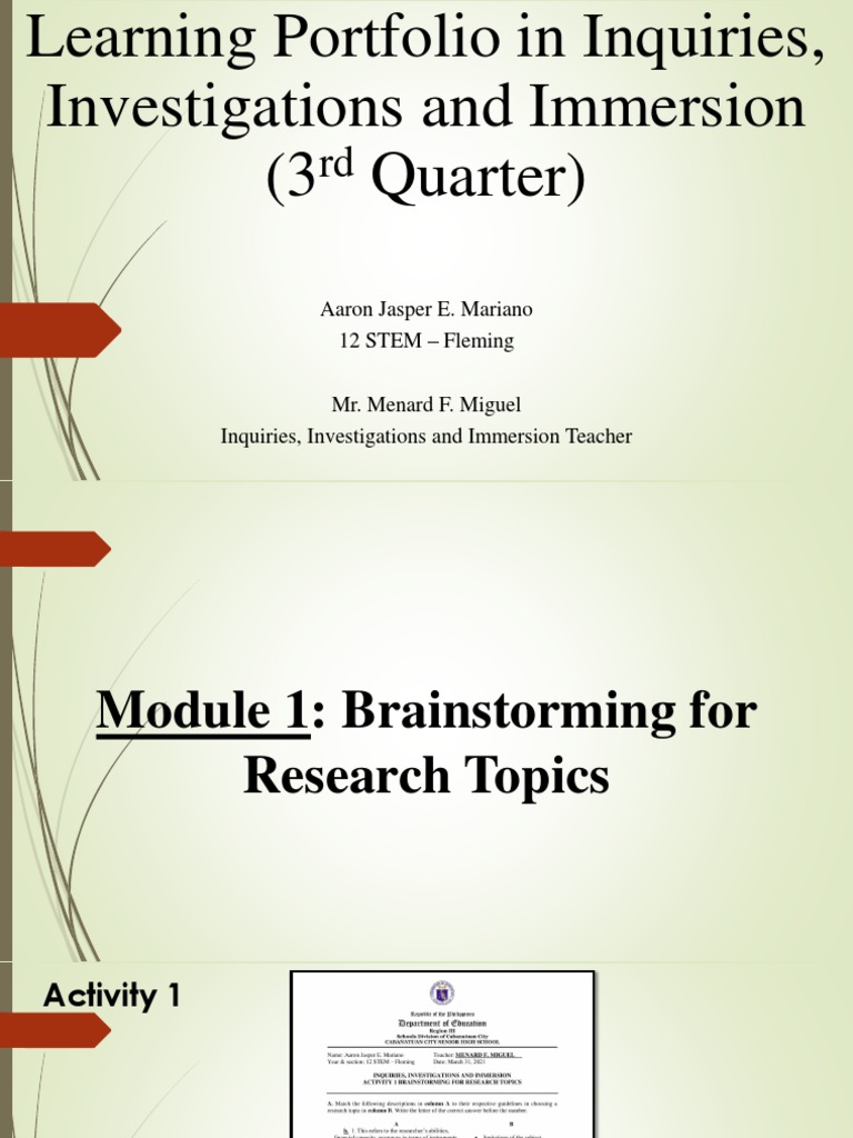 Learning Portfolio in Inquiries, Investigations and Immersion (3rd Quarter) | PDF