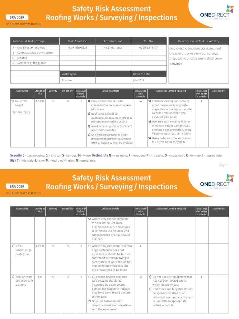Sra0029 Roof Works - Surveying - Inspections | PDF | Risk | Risk Assessment
