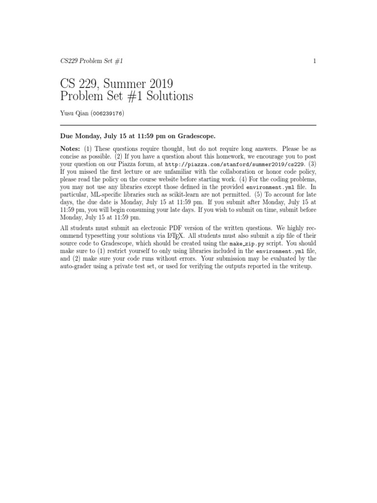 CS 229, Summer 2019 Problem Set #1 Solutions | PDF | Regression Analysis | Teaching Mathematics