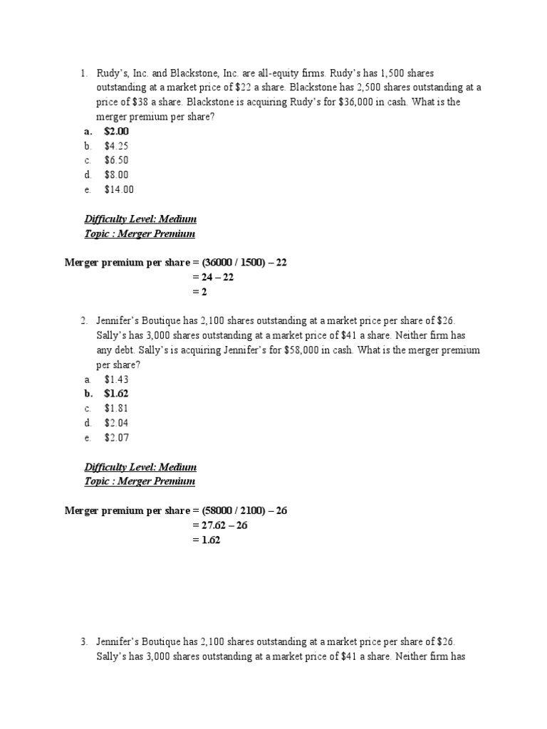 MERGER PREMIUM CALCULATION | PDF | Mergers And Acquisitions | Stocks