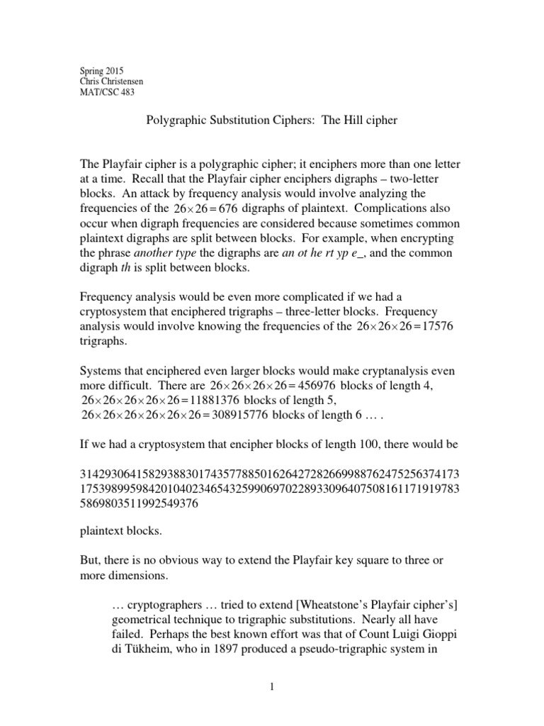 The Hill Cipher: An Ingenious Extension of the Playfair Cipher Using ...