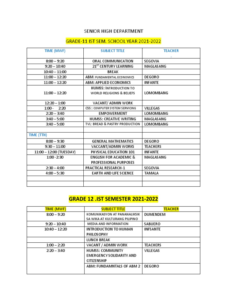 Senior High School Class Schedule 2021-2022 | PDF | Cognition | Science