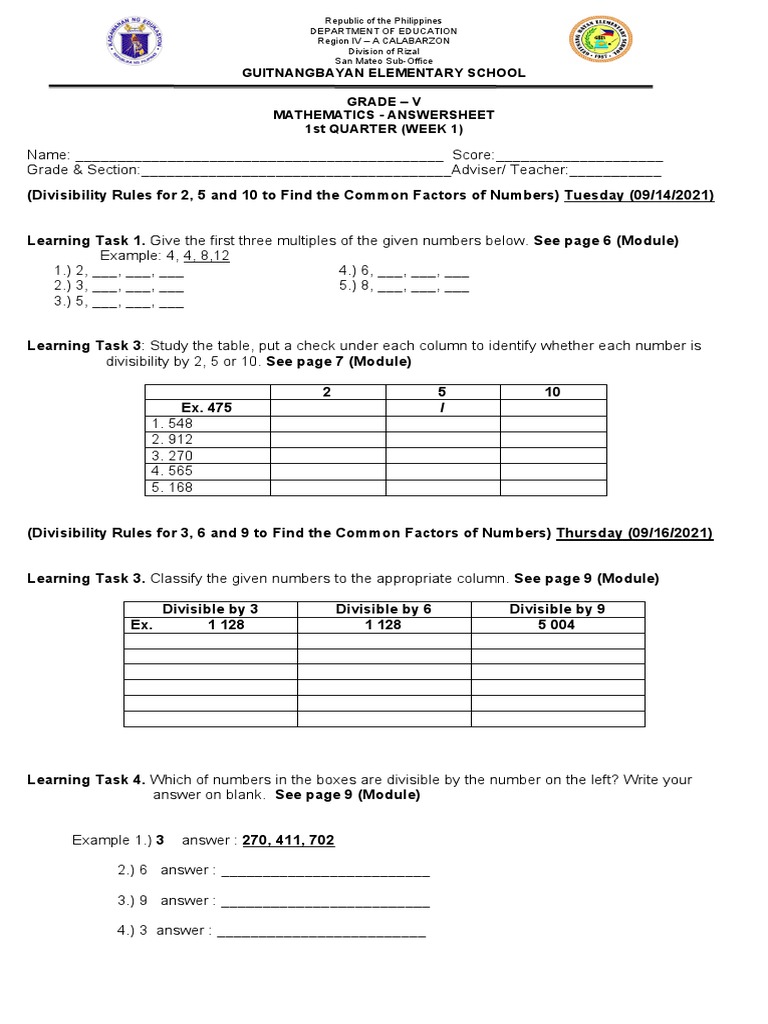 Grade 5 Math Answer Sheet Guide | PDF | Multiplication | Elementary ...