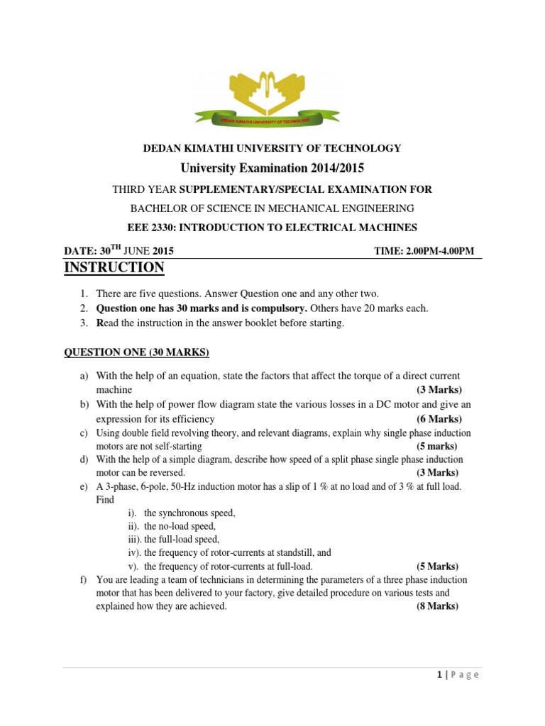 Electrical Machines Exam Questions | PDF | Electric Motor | Mechanical ...