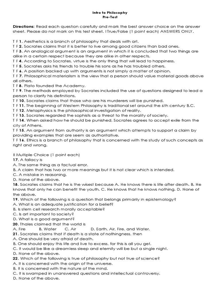 Pre Test Intro To Philosophy | PDF | Socrates | Argument