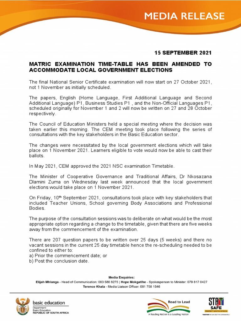 Matric Exam Timetable Update 2021 | PDF | Communication