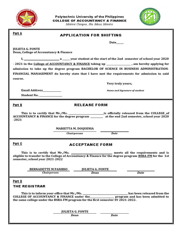 Shifting Form Blank Bsa Bsma To Bsba FM | PDF
