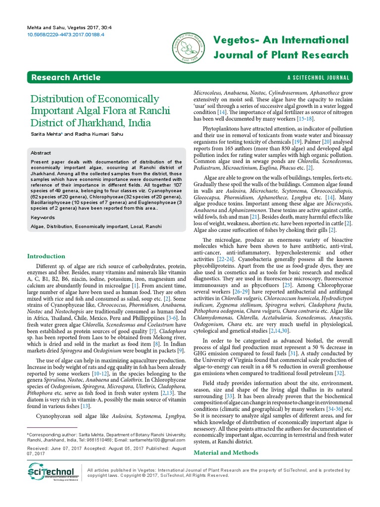 Distribution of Economically Important Algal Flora at Ranchi District of Jharkhand India Bevy ...