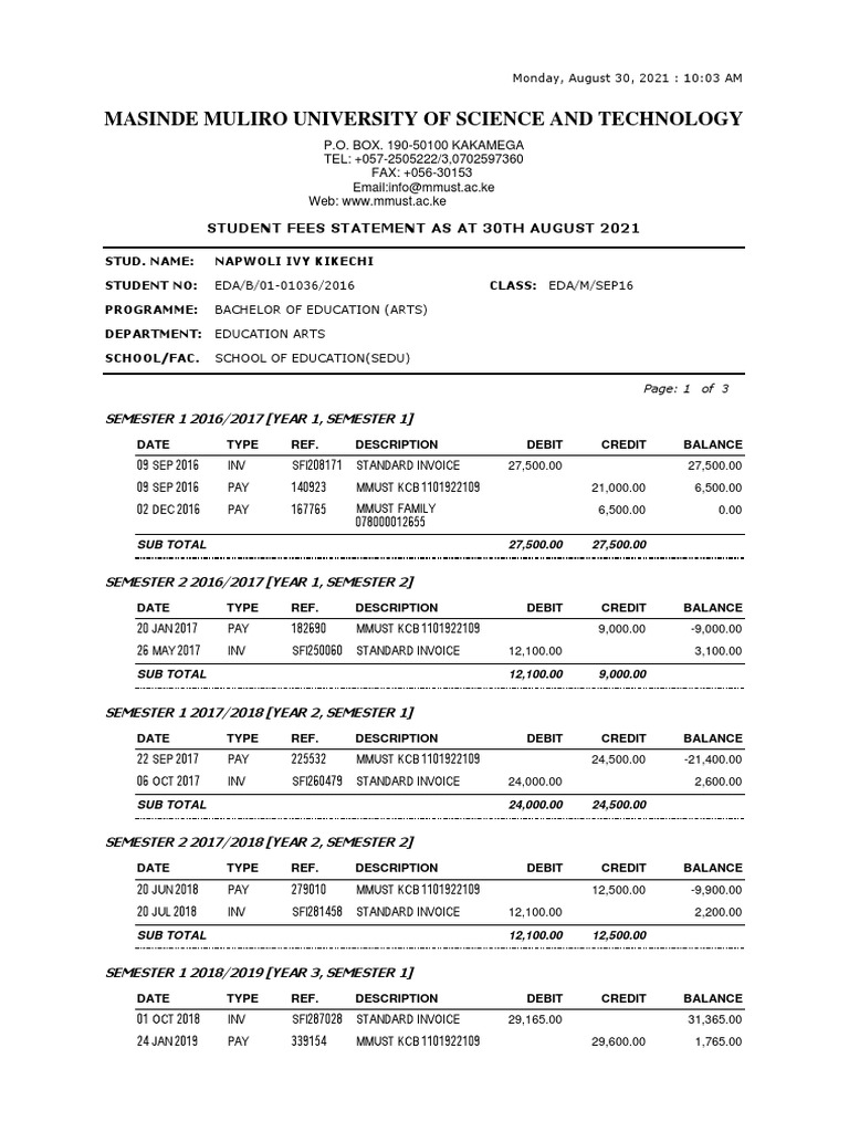 Student Fees Statement for Ivy Kikechi Detailing Charges and Payments ...