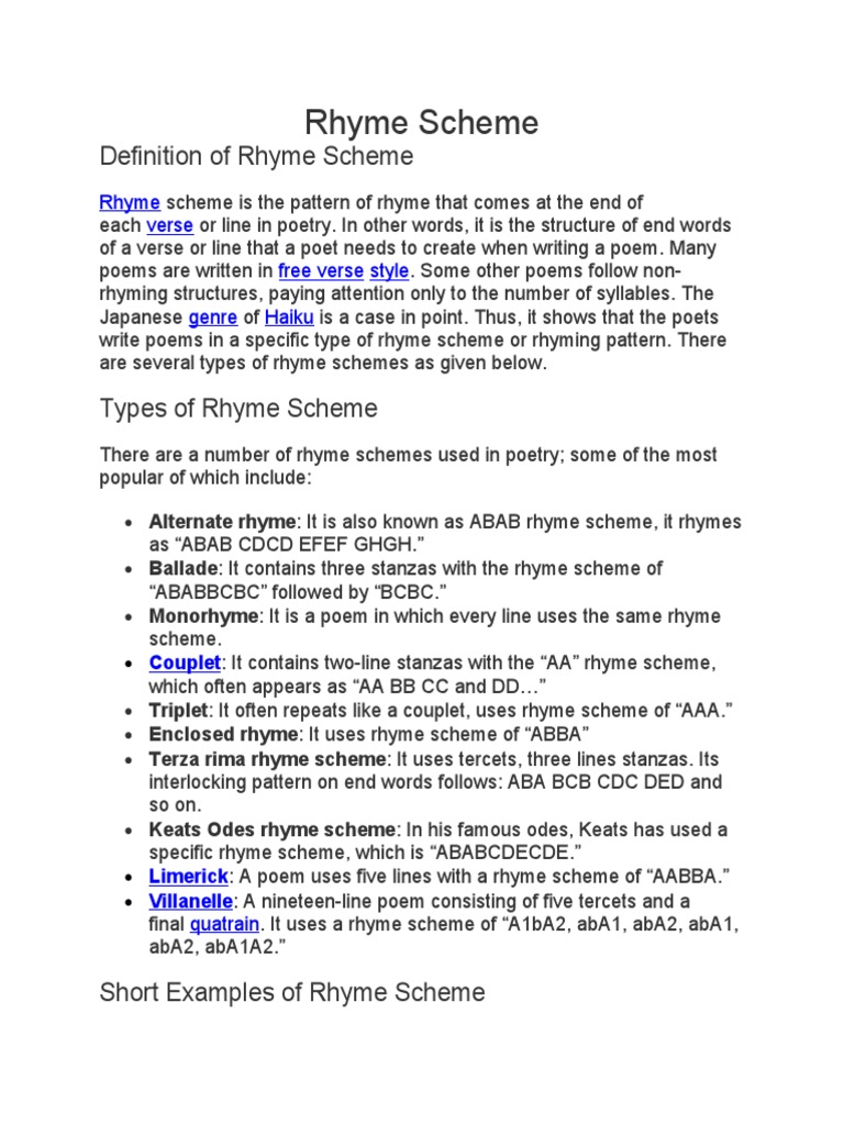 Types of Rhyme Scheme | PDF | Poetry | Rhyme