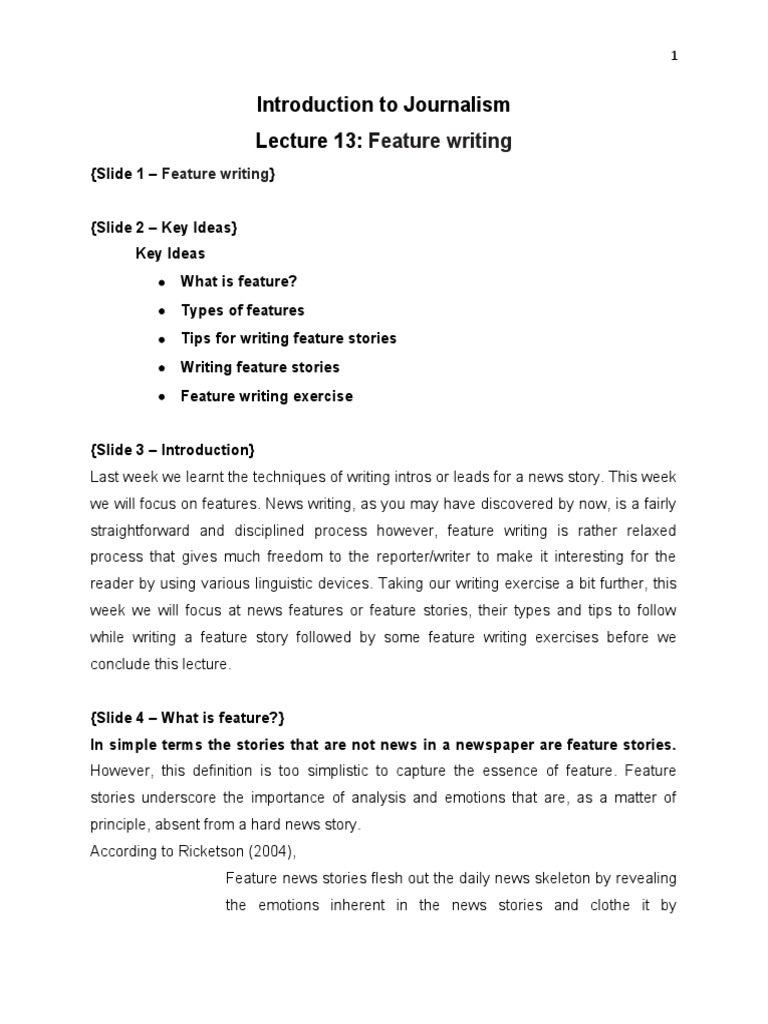 Introduction To Journalism: Feature Writing | PDF | News | Communication