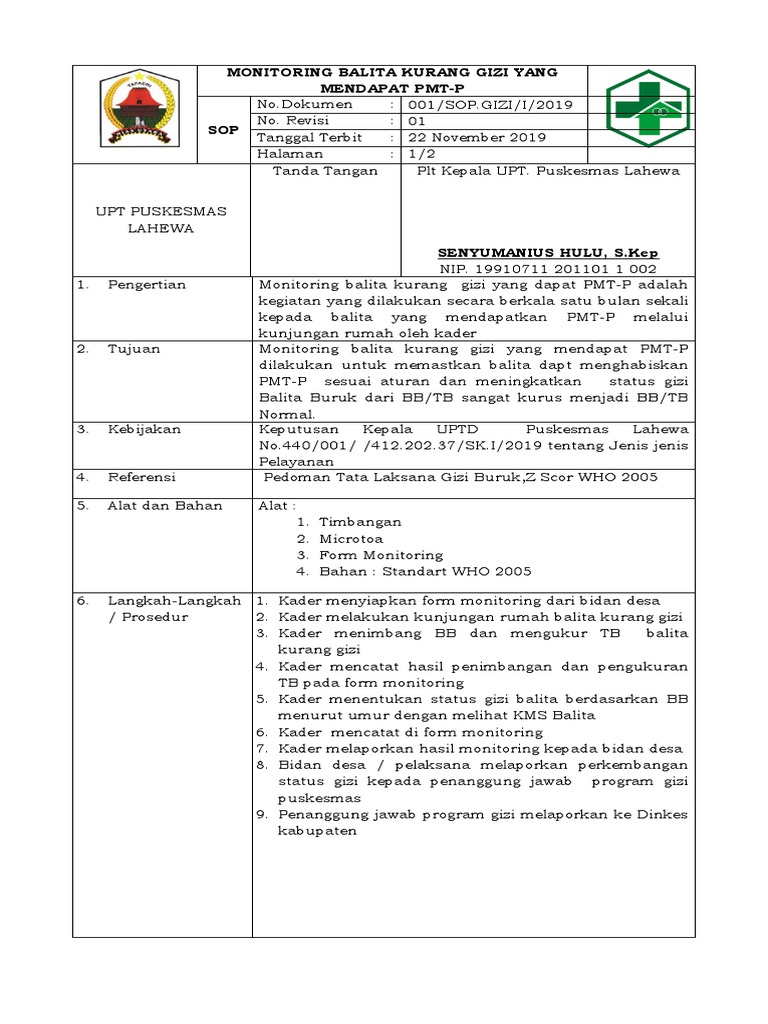 001 Sop Monitoring Balita Kurang Gizi Yang Mendapat PMT | PDF