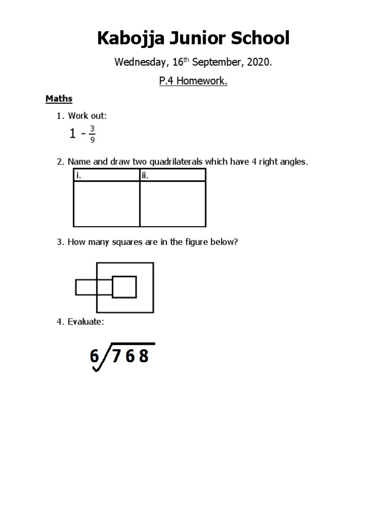 Kabojja Junior School: Wednesday, 16 September, 2020. P.4 Homework | PDF