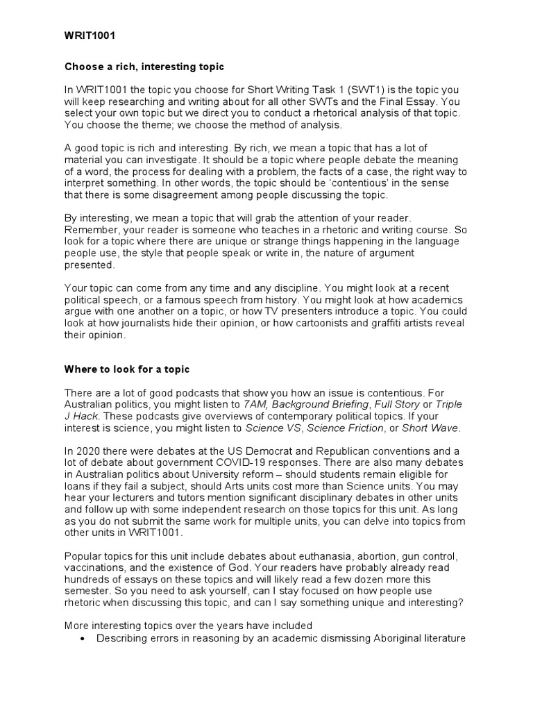 WRIT1001 Choosing A Topic 2021s2 | PDF | Rhetoric | Essays