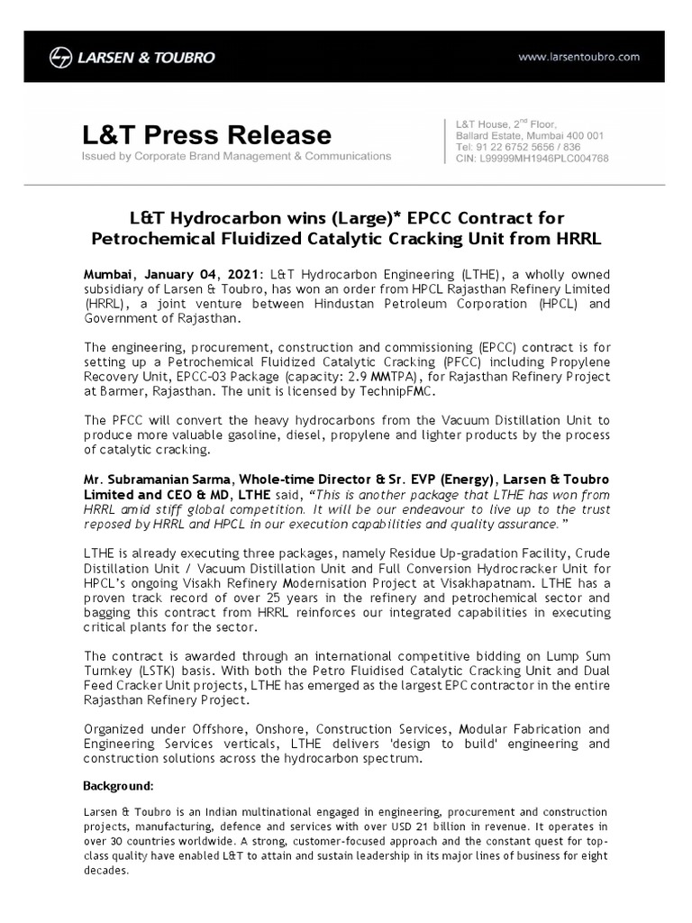 L&T Hydrocarbon Wins (Large) EPCC Contract For Petrochemical Fluidized ...