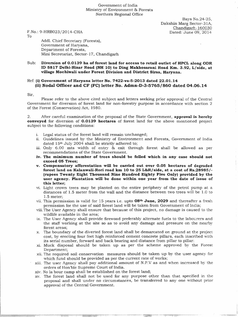 Forest Land Diversion Approval Letter | PDF
