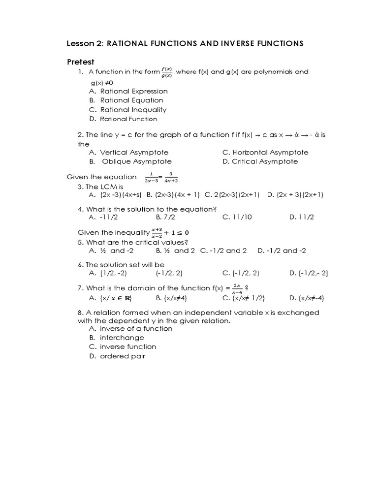 Lesson 2: Rational Functions and Inverse Functions Pretest | PDF ...